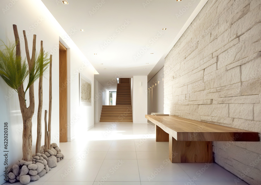 Stone cladding wall in spacious hallway with staircase. Luxury ...