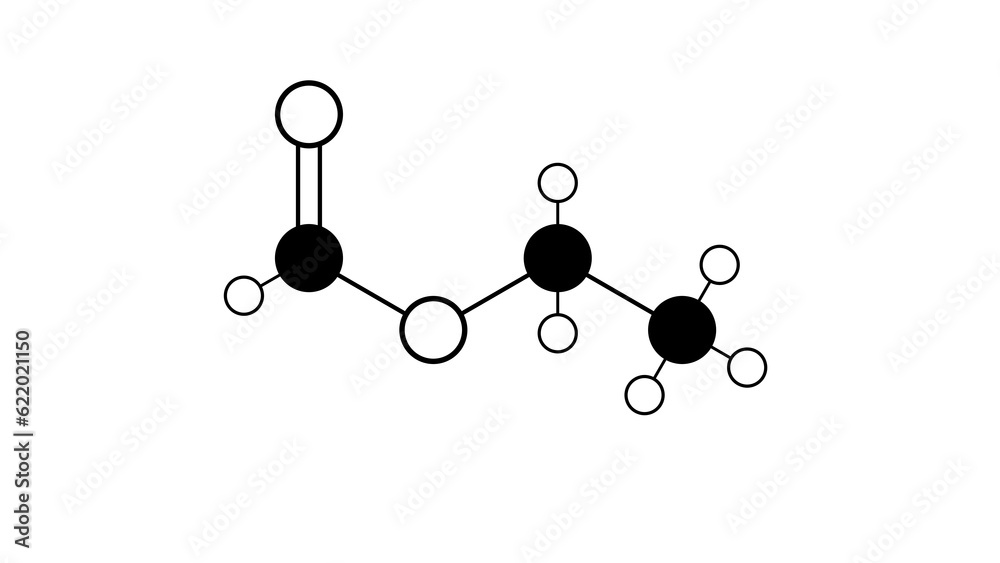 ethyl formate molecule, structural chemical formula, ball-and-stick ...