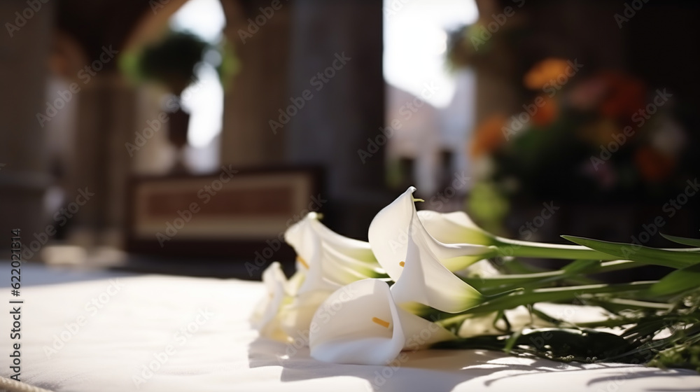 Generative AI, white flowers on the lid of the coffin, ceremony ...