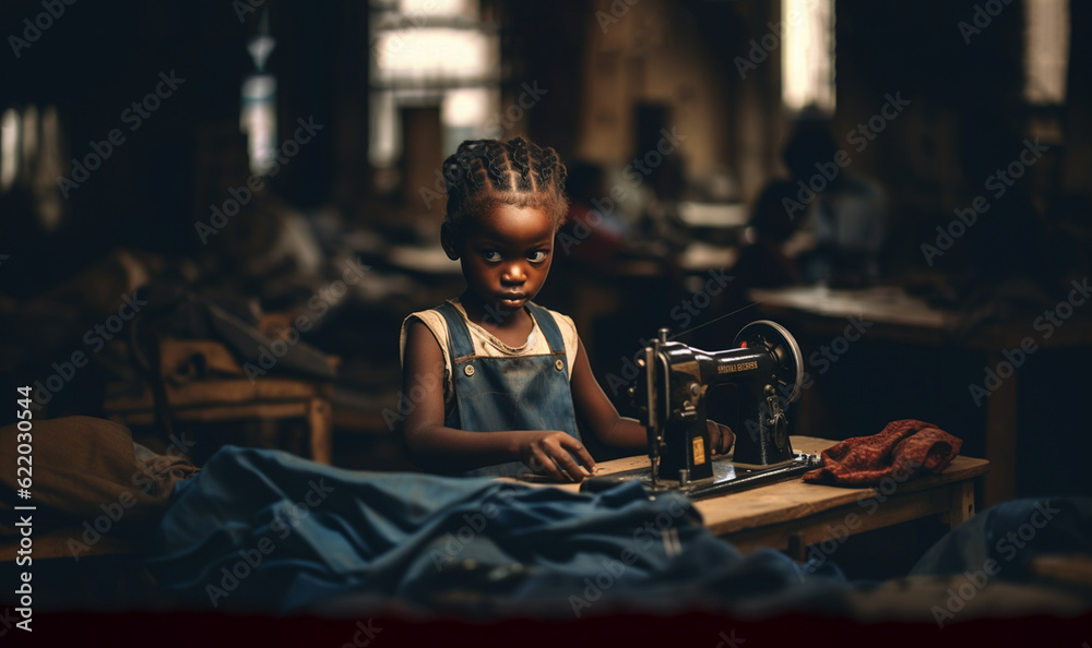 Child labor, Little dark skinned child working in sewing factory with ...