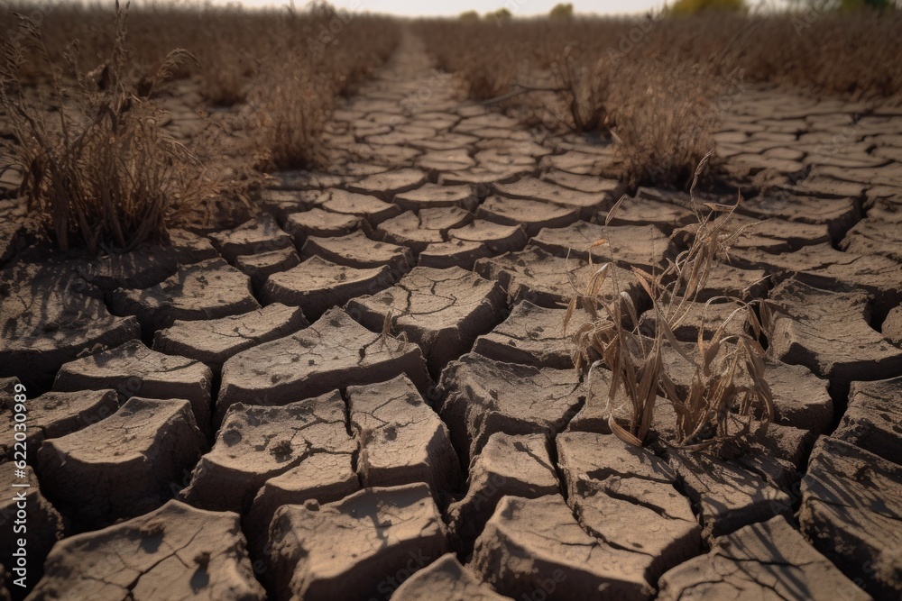 A drought-stricken field with cracked soil and wilting crops. The effects of climate change on ...
