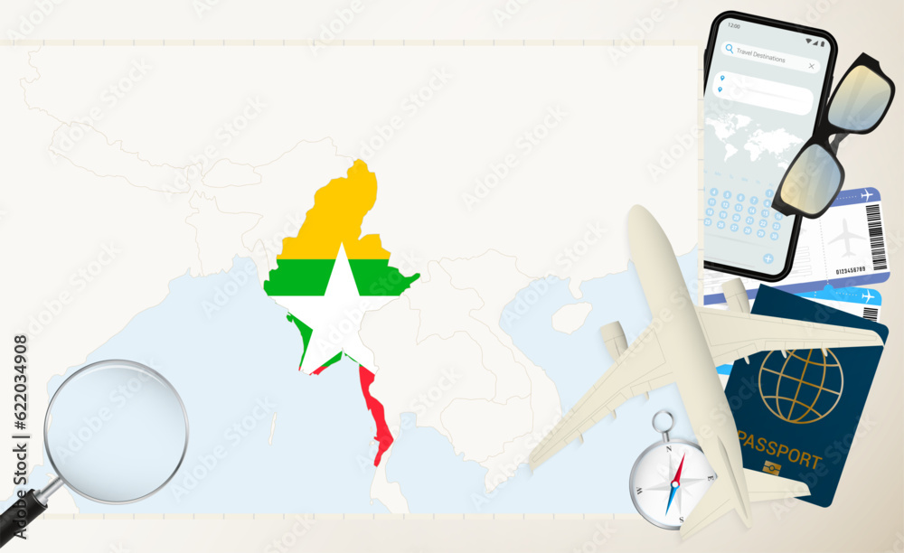 Myanmar map and flag, cargo plane on the detailed map of Myanmar with ...
