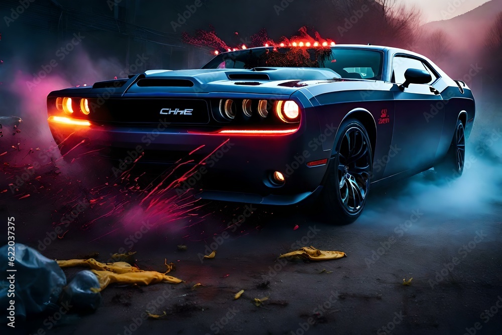 car with fire and bright vibrant, gestural abstraction hyper-realistic ...