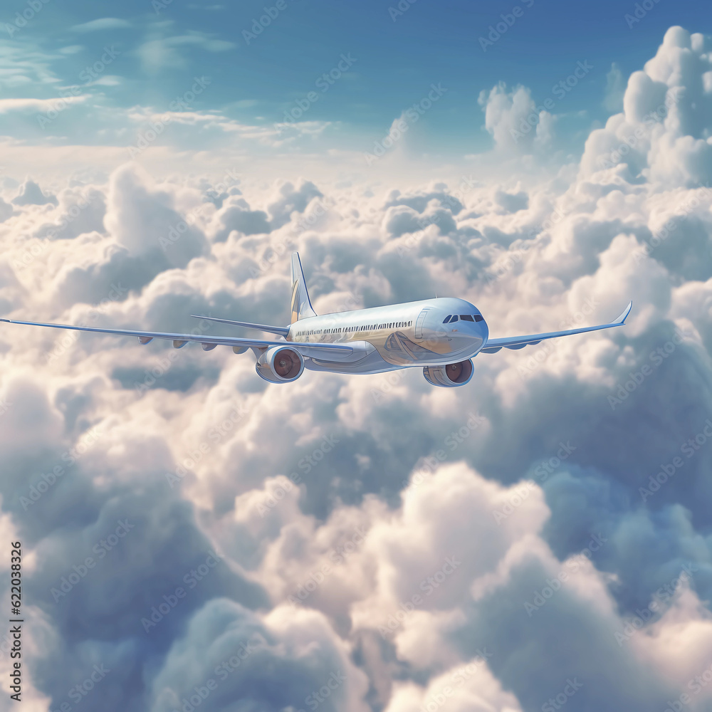 Airplane soaring in blue sky amidst beautiful, fluffy white clouds ...