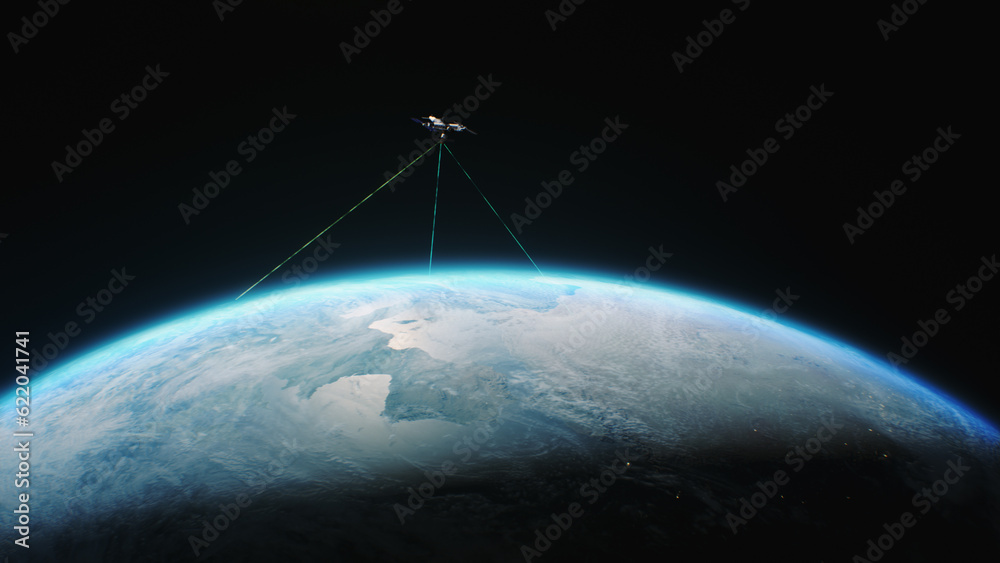 3D abstract render of satellite transmitting data or signal by laser to ...