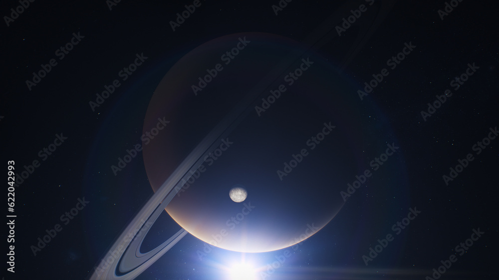 3D animation of Saturn and its moon Mimas or Titan in outer space ...