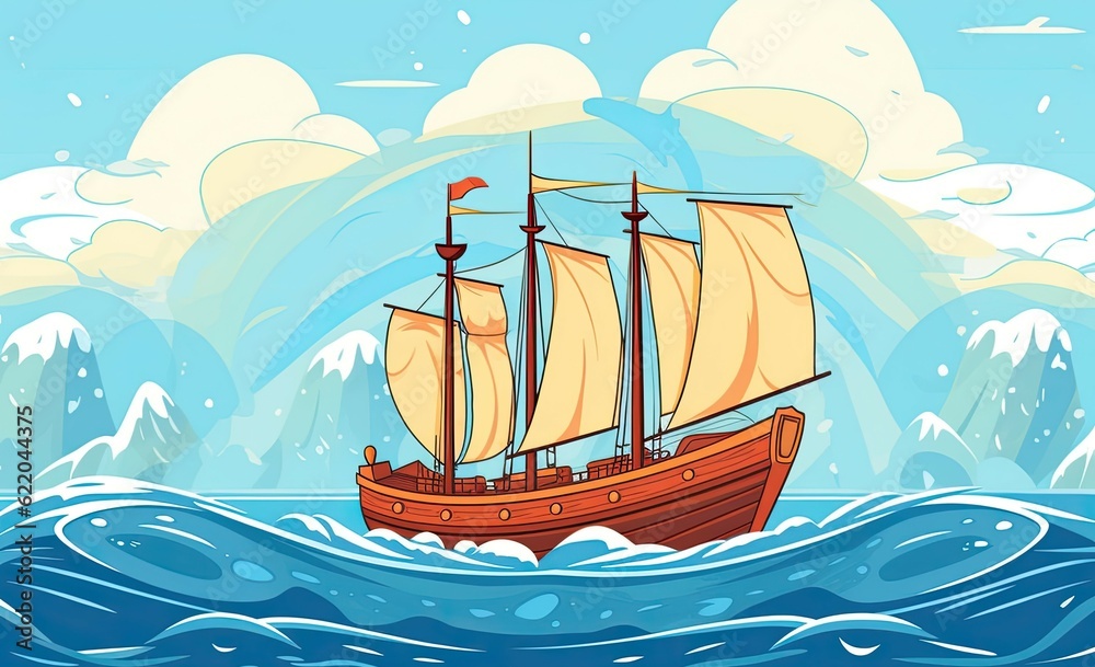 Sailing ship in the sea waves. Illustration in cartoon style Stock ...