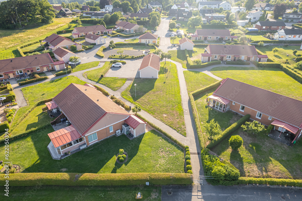 Aerial view of a cozy residential complex in Europe, one-storey private ...