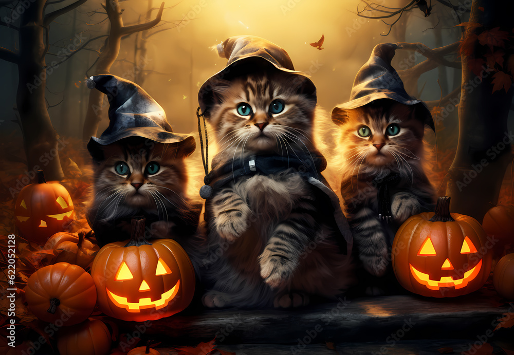 black cat, kitty and jack o lantern pumpkins halloween template dark ...