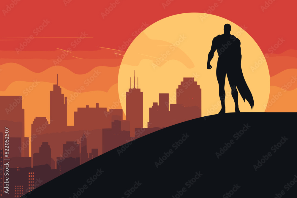 Hand-drawn cartoon Superhero at city skyline flat art Illustrations in ...