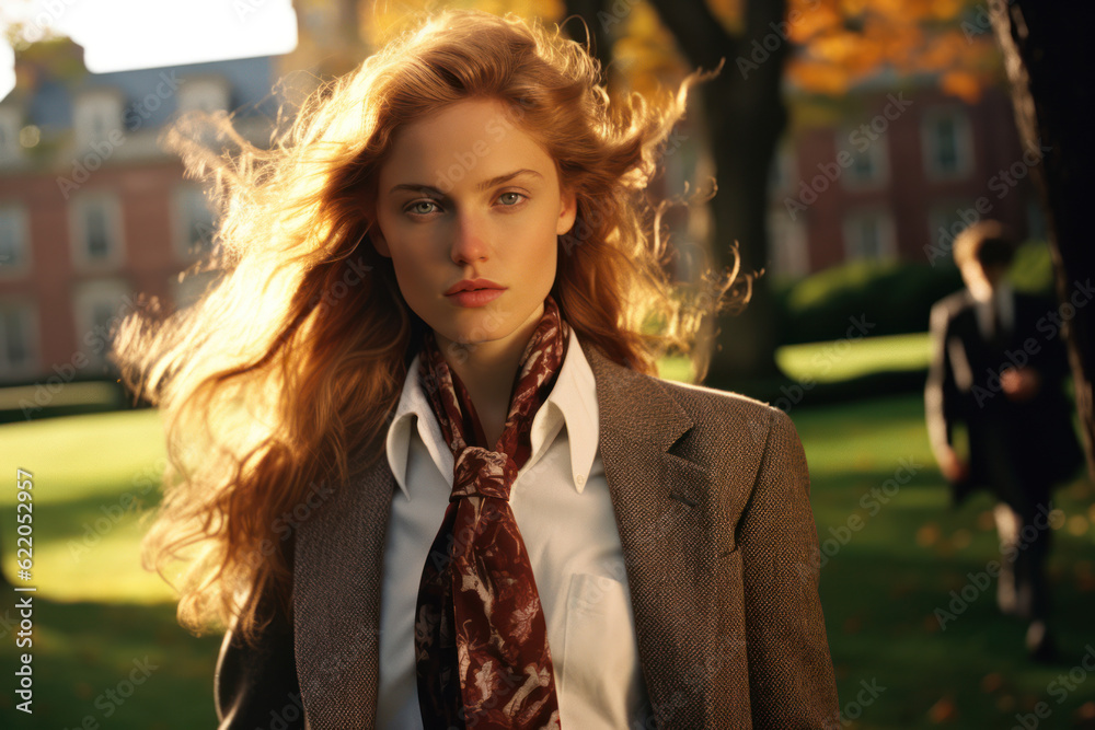 portrait of a woman/model/book character standing at an old Ivy League ...