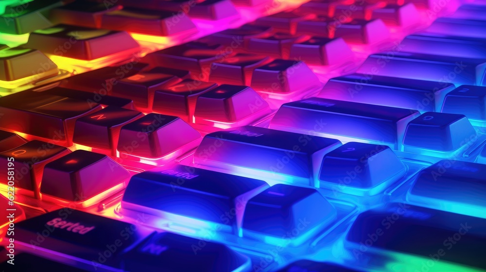 RGB gaming keyboard close-up view. Bright colorful keyboard, soft focus ...