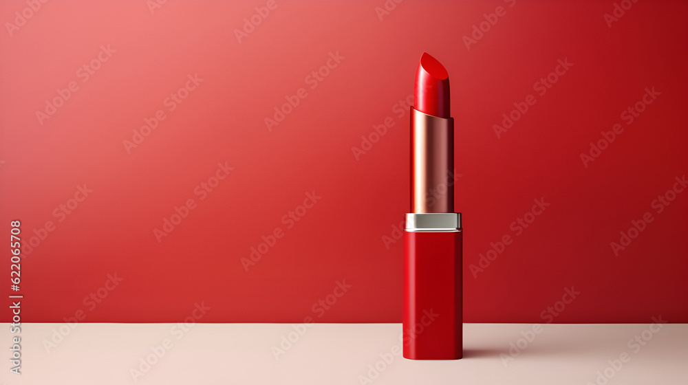 Red lipstick on red white background with geometric shapes. Luxury ...