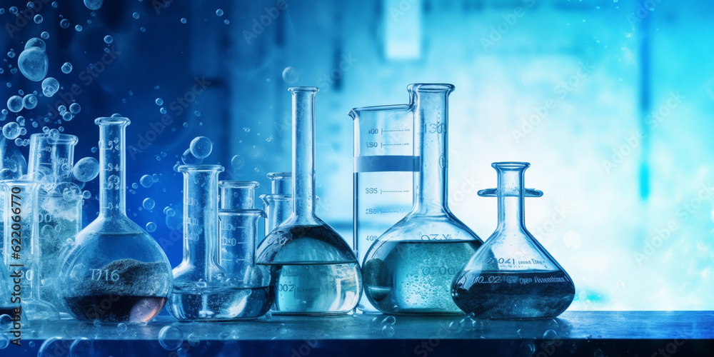 beaker and flask in science laboratory with chemical structure blue ...