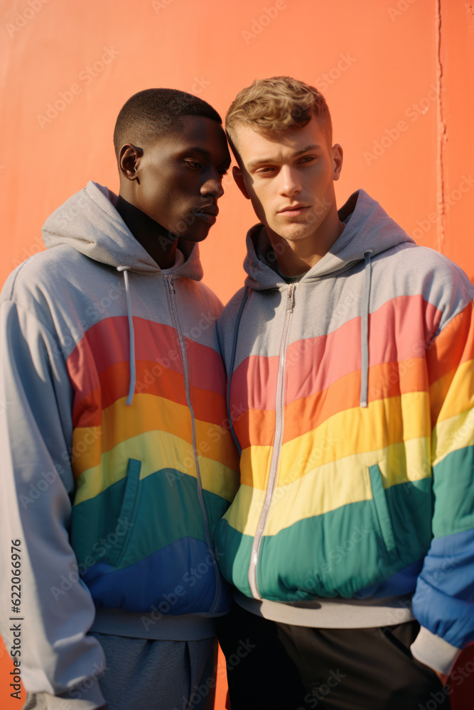 two male friends/models/lgbtq+ couple standing in nature with rainbow ...