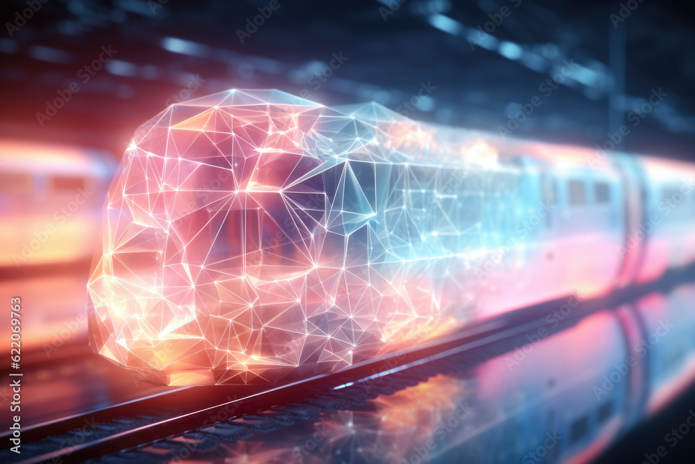 abstract modern metro train made of a polygon network in red and black ...