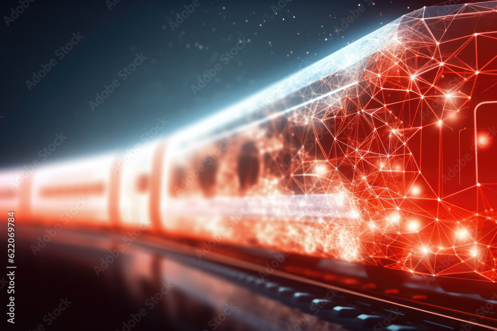 abstract modern train made of a polygon network in red and black ...