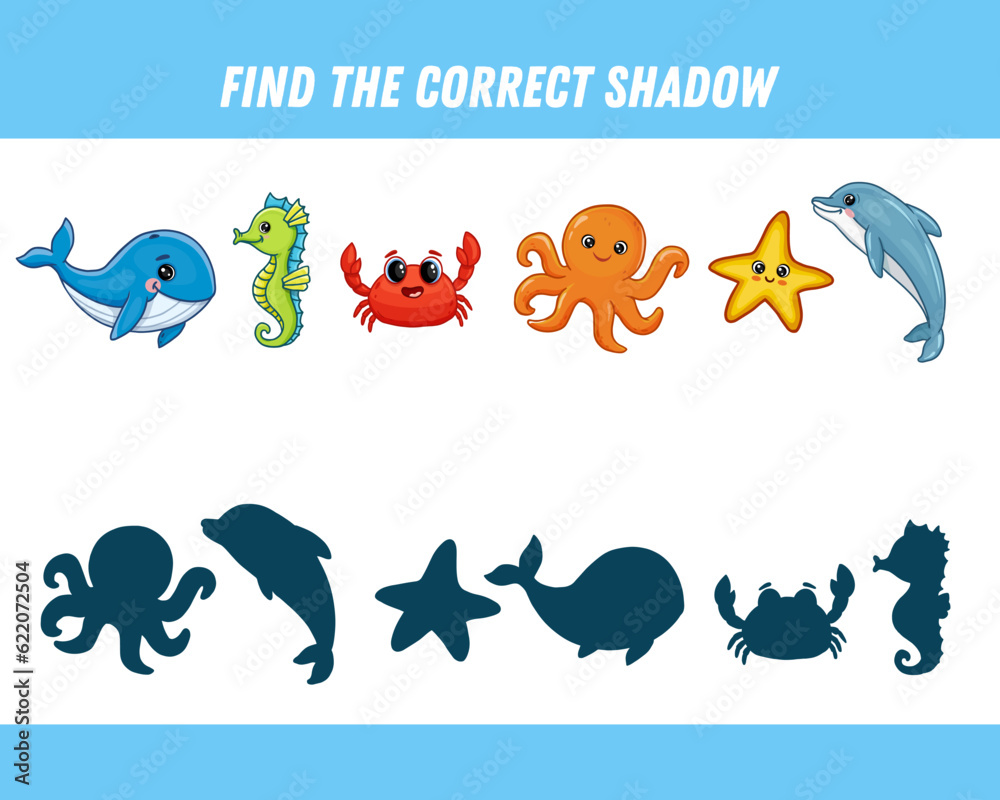 Find correct shadow of sea animals. Crab, octopus, sea horse, starfish ...