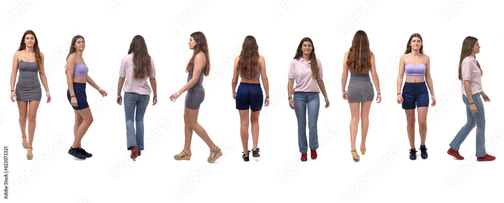 line of the same girl in different outfits walking on white background ...
