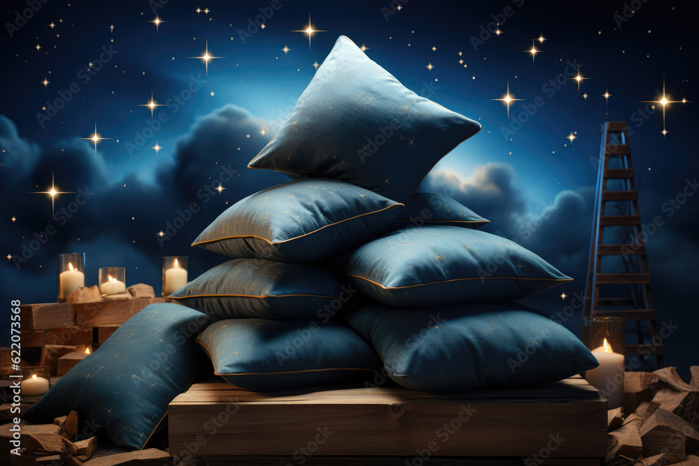 A pyramid stack of soft pillows is placed on a starry night background ...