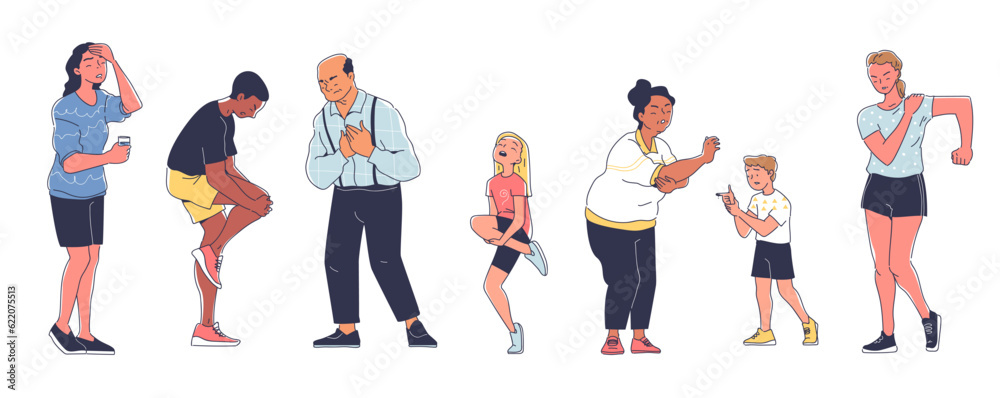 People feel pain set. Tired characters get sick and suffer from ...