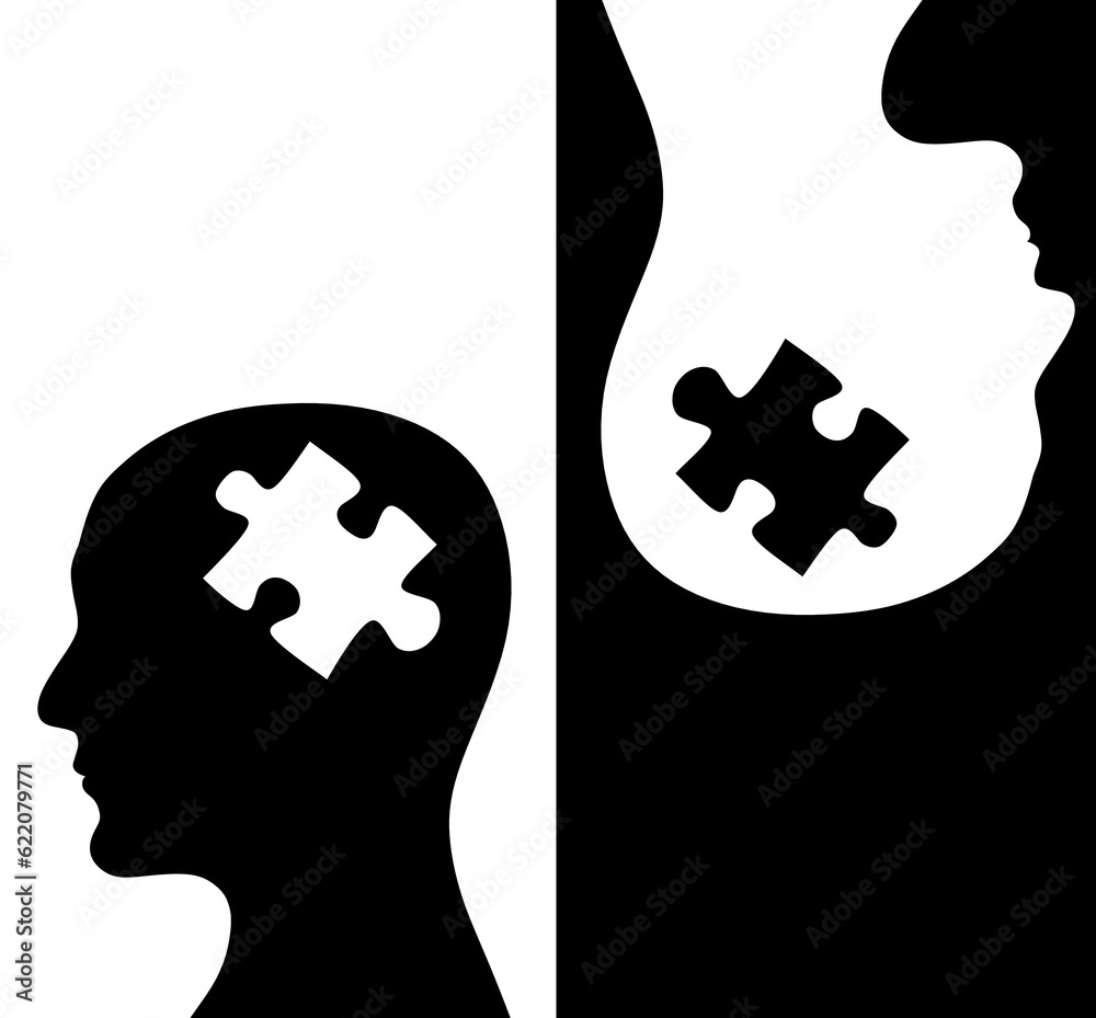 Contrast concept. Two humans profiles of white and black colors with ...