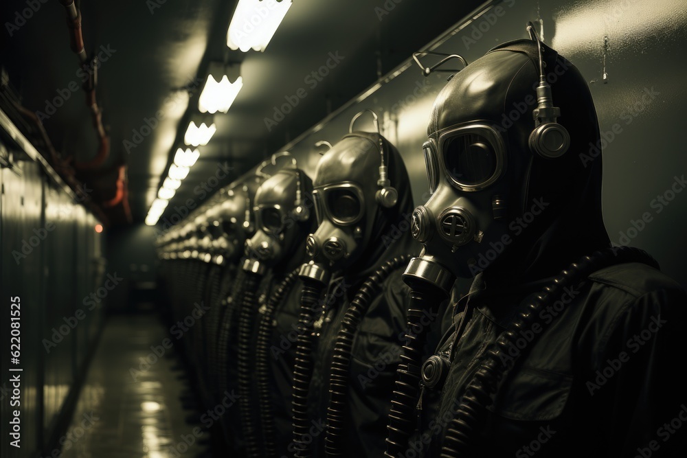 The somber reality of a nuclear fallout shelter. Rows of gas masks hang ...