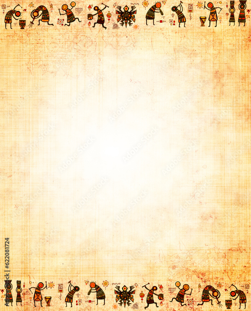 Grunge background with African ethnic patterns and paper texture of ...