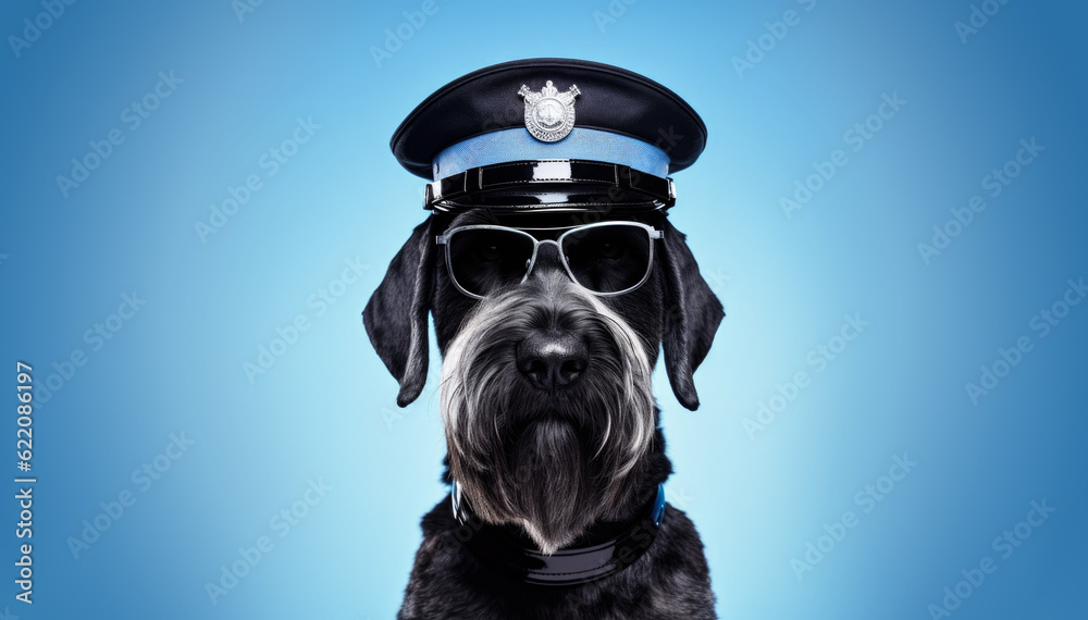 Mean looking giant Schnauzer working as a security officer or cop ...
