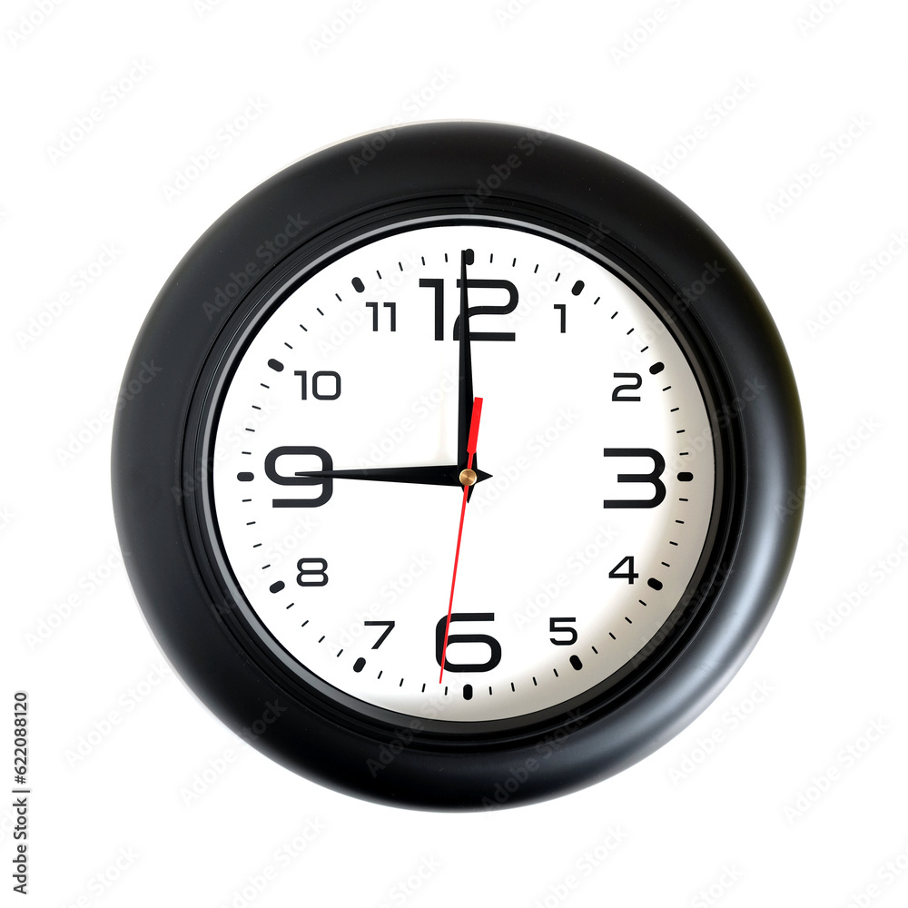 Big round wall clock with a black rim isolated on white background ...