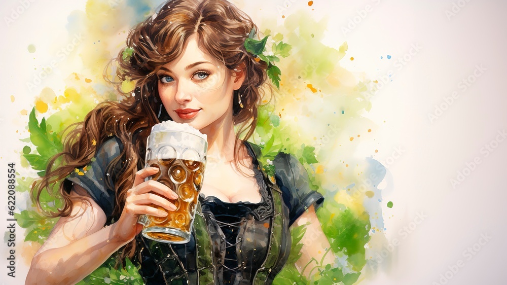 German lady with traditional costume drinking beer for Oktoberfest ...