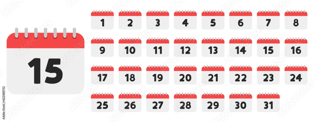 Vector calendar icons by month dates. Red daily calender icon. Set of ...