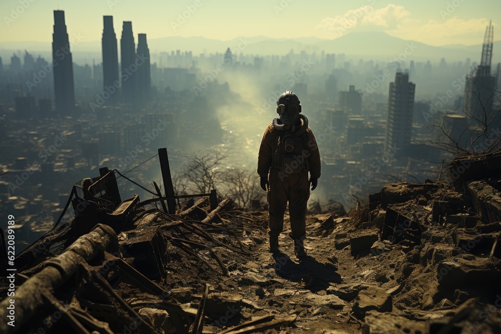 The devastating aftermath of a nuclear event. A solitary human in a ...