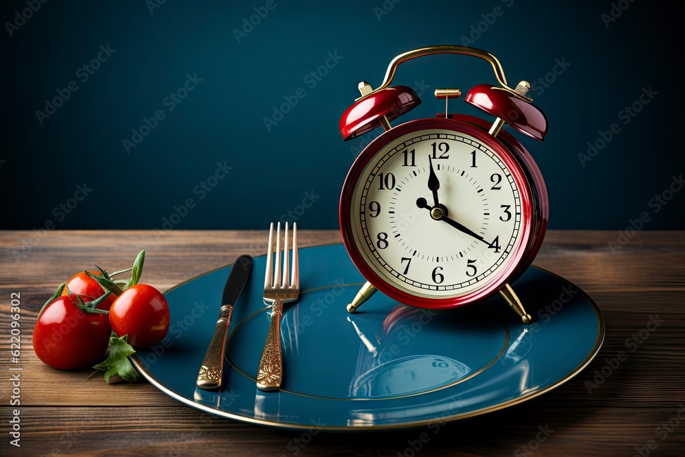 Intermittent Fasting concept image. Plate and table time between ...