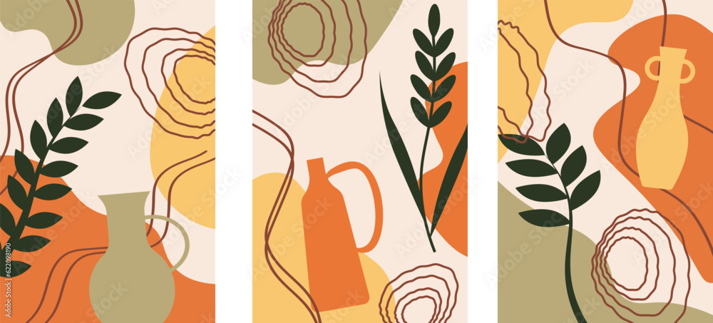 Set of card templates with an abstract stain pattern. Vases with ...