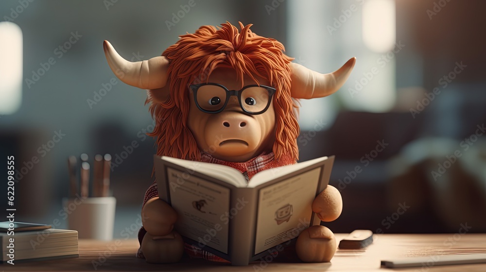 Cartoon highland cow character reading a book. Generative AI Stock ...