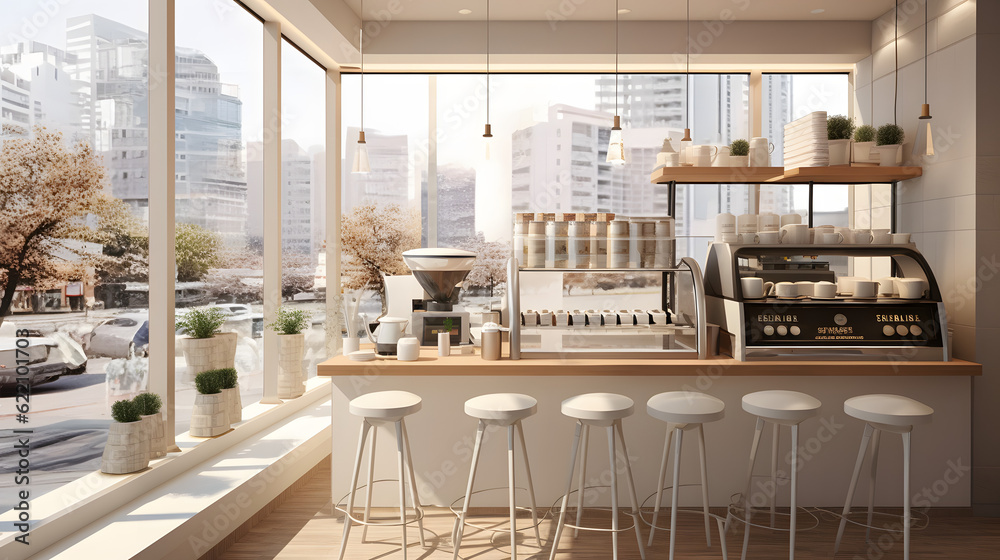 Small modern Korean style design cafe, glossy ivory white round corner ...