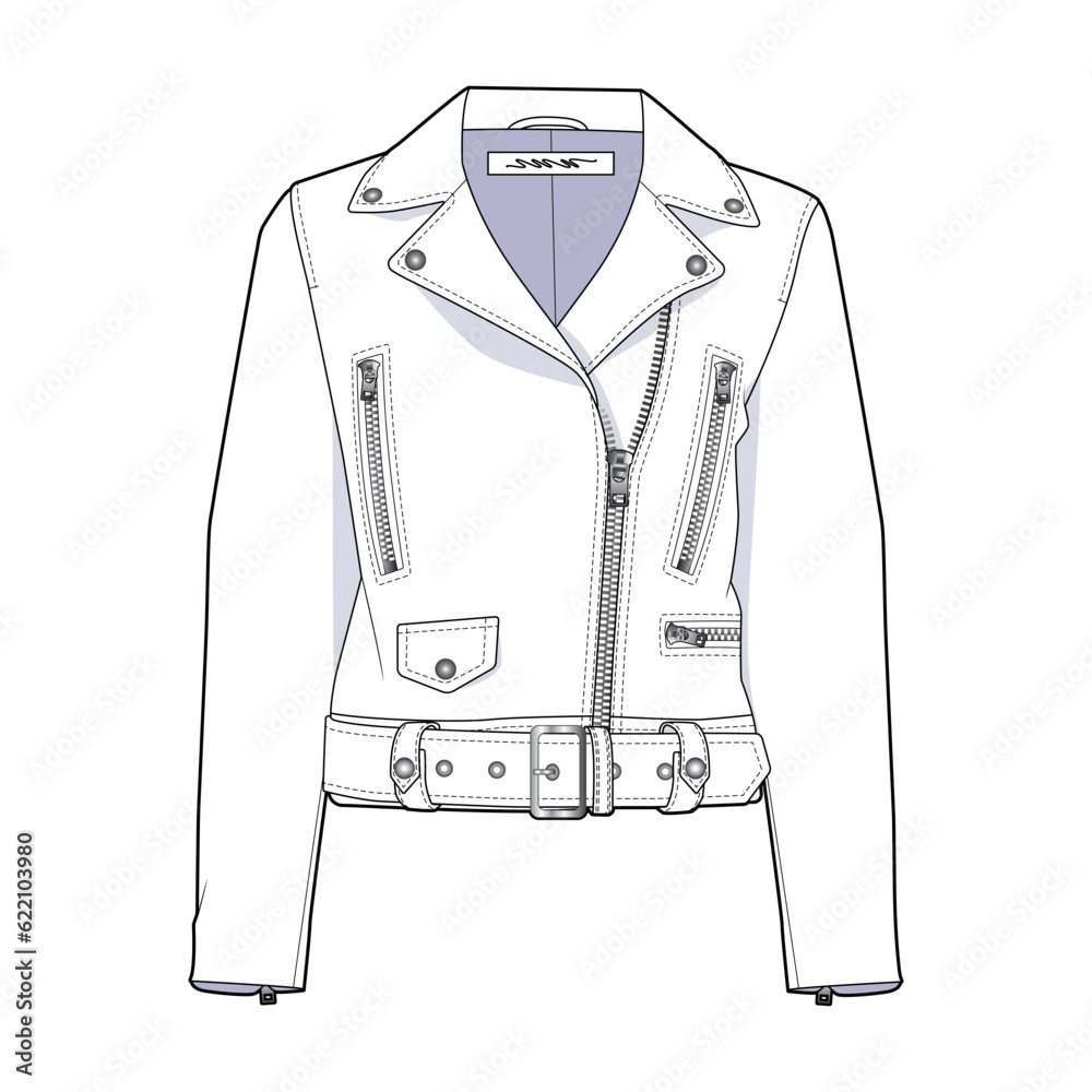 Leather jacket front view fashion flat sketch for Tech Pack. Belt ...