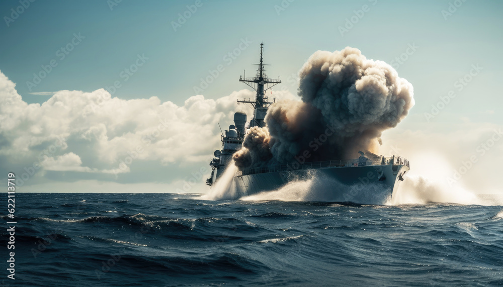 Damaged battleship engulfed in flames and smoke amidst a turbulent sea ...