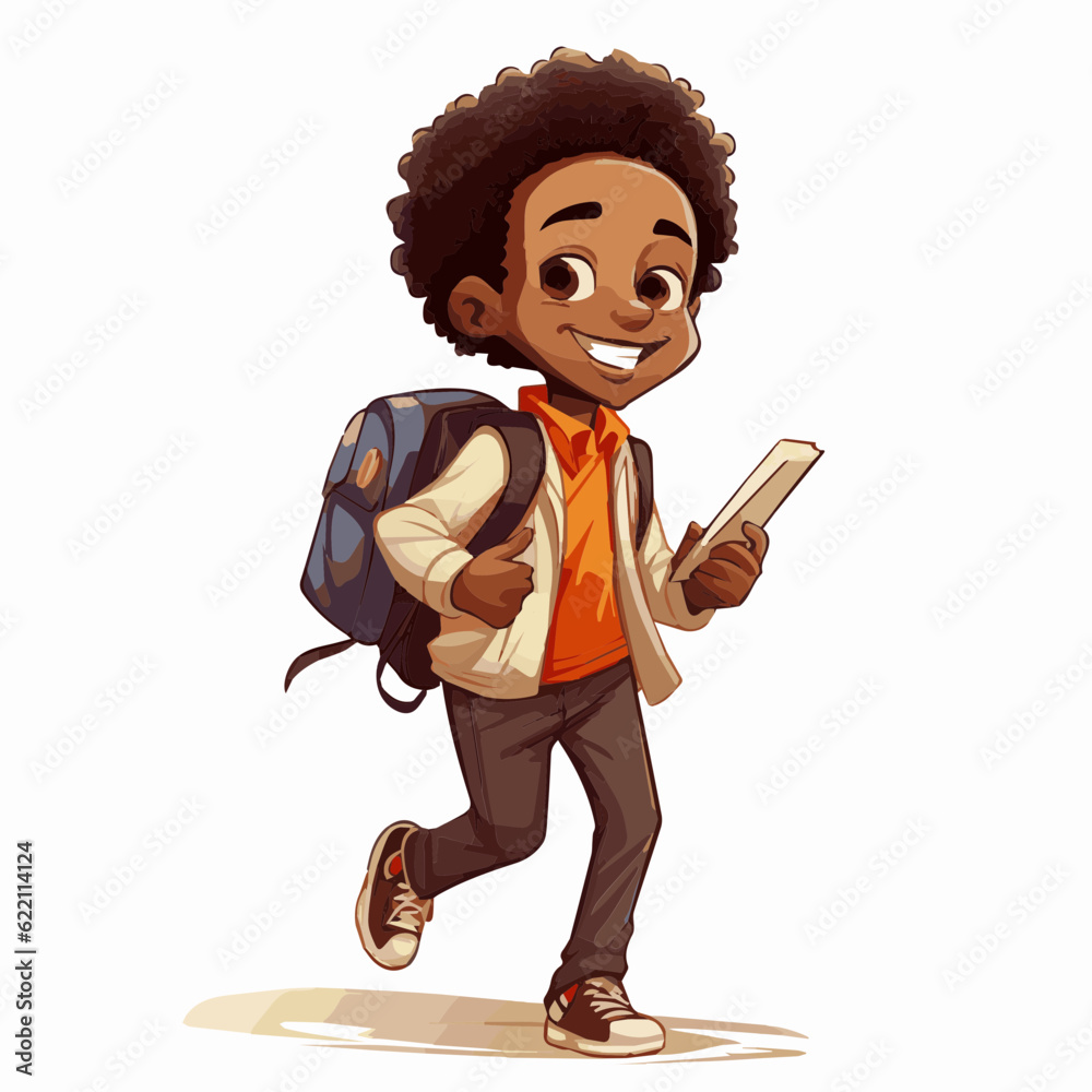 simple cartoon clipart black african american boy student child going ...