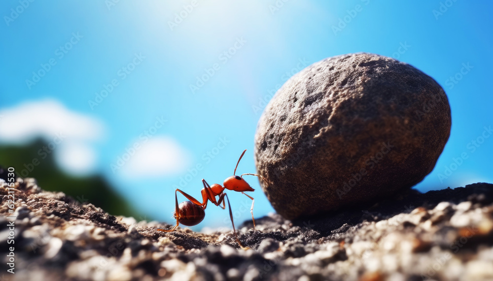 Ant rolling rock on ground. Close-up of an insect making effort on soil ...