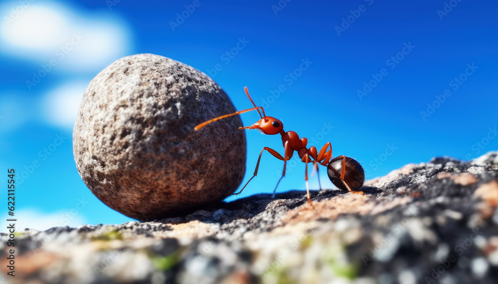Ant rolling rock on ground. Close-up of an insect making effort on soil ...