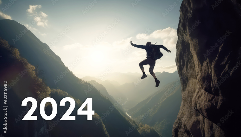Man leaping and jumping to Year 2024 form the mountain cliff hill with ...