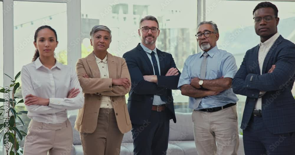 Face, business people or staff with arms crossed, teamwork or company growth with startup ...