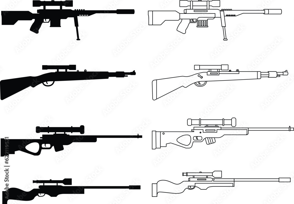 Set of sniper riffle guns illustration. Sniper rifle silhouettes Stock ...