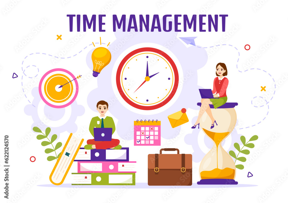 Time Management Vector Illustration with Clock Controls and Tasks ...