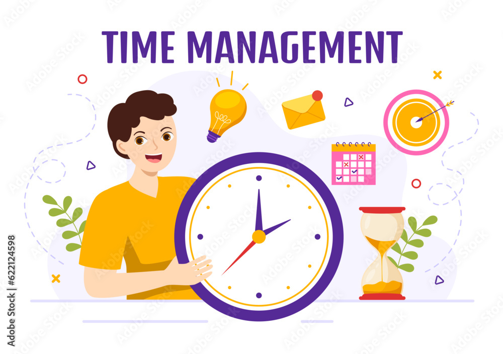 Time Management Vector Illustration with Clock Controls and Tasks ...