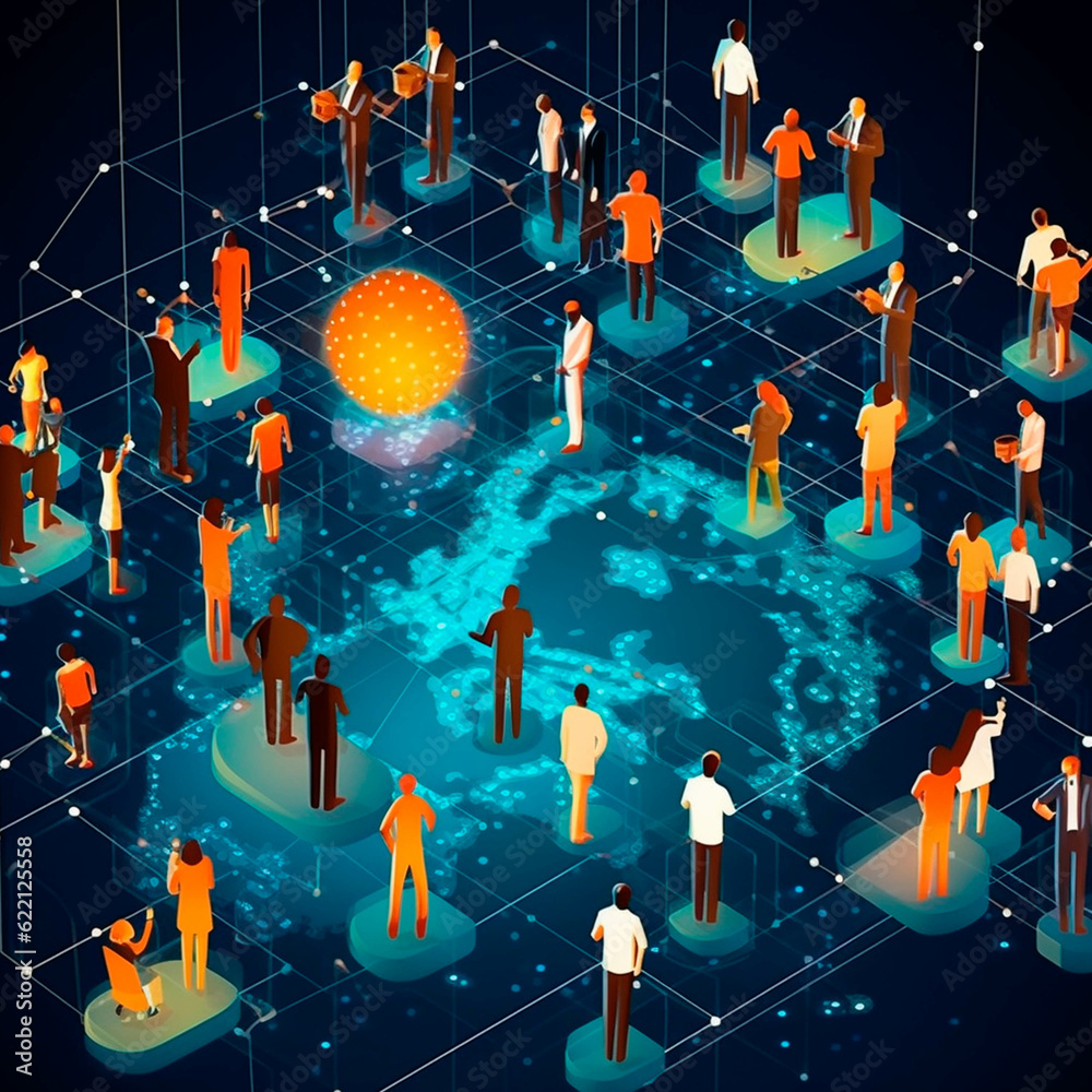 Virtual team building isometric flowchart with people communicating and ...
