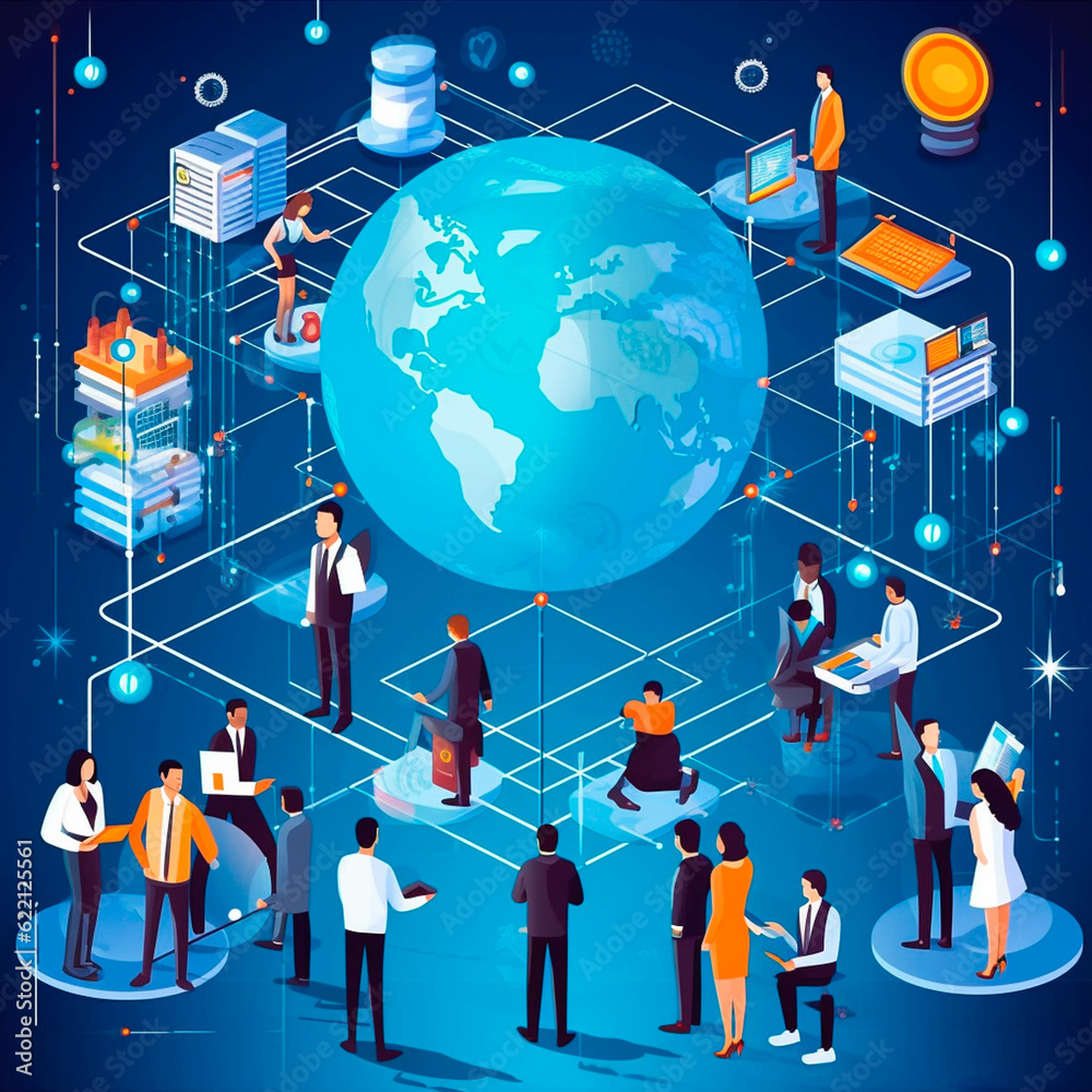 Virtual team building isometric flowchart with people communicating and ...