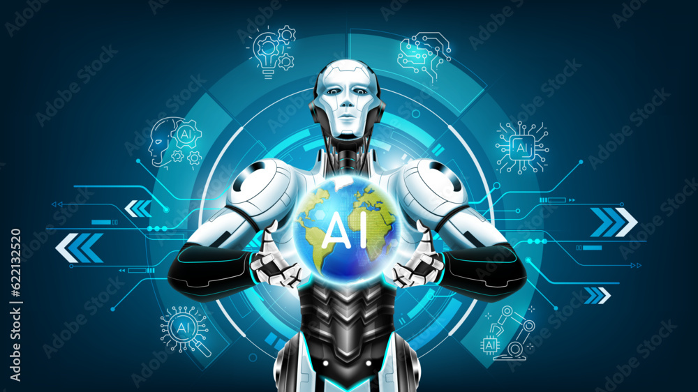 AI Artificial intelligence humanoid holding planet Earth on hand and Ai ...
